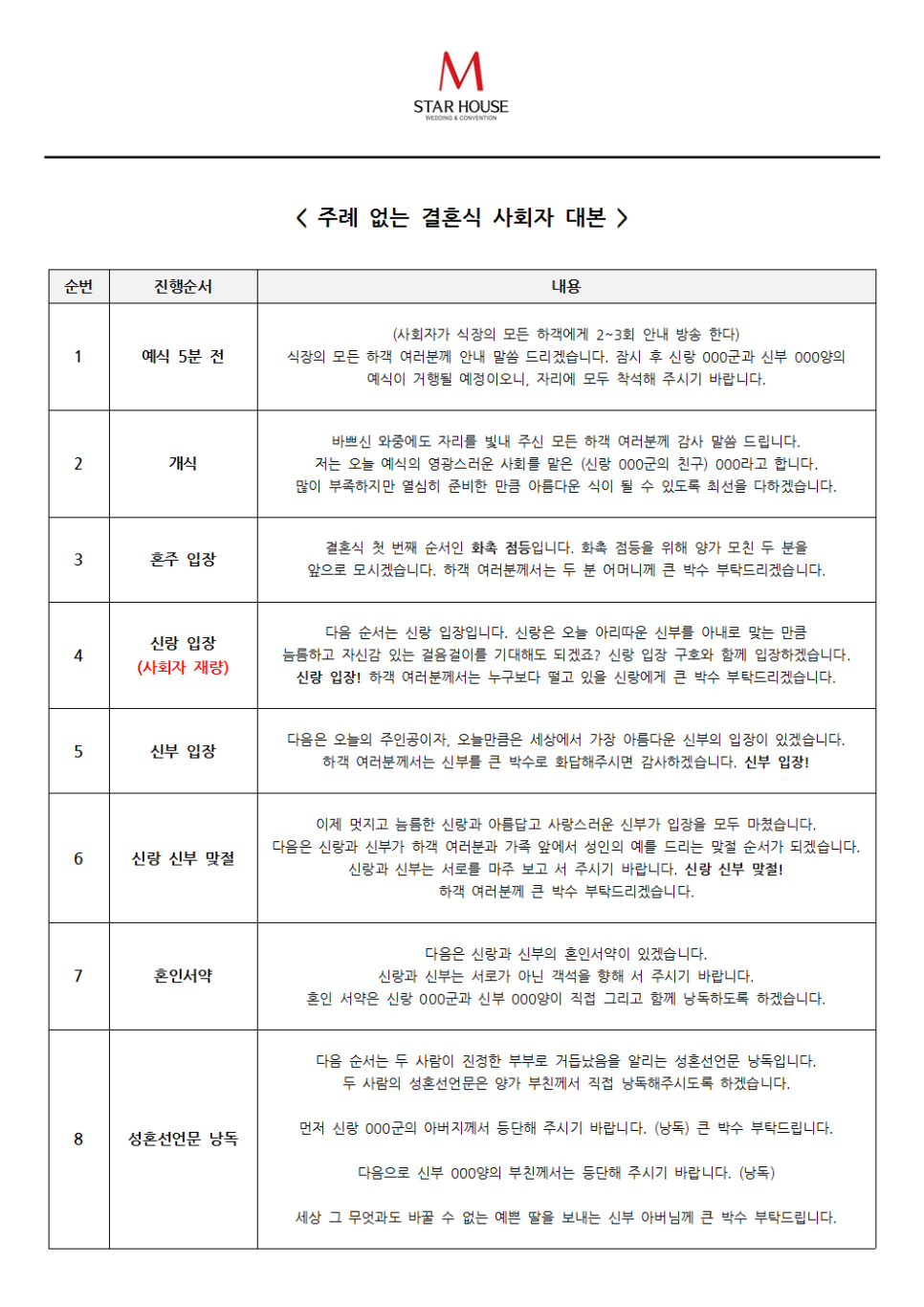 주례 없는 결혼식 식순사회자 대본 컨닝하세요 네이버 블로그